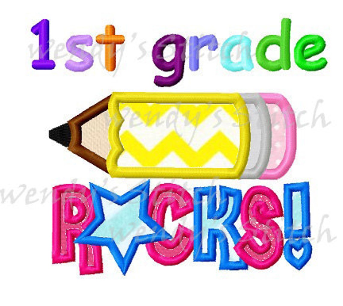 1st Grade Rocks Applique School Pencil Machine Embroidery Design - Etsy