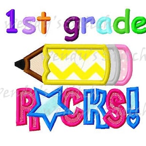 1st Grade Rocks Applique School Pencil Machine Embroidery Design - Etsy
