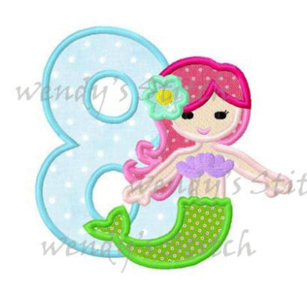 Little Mermaid Birthday Applique Number 8 Machine Embroidery Design - Etsy