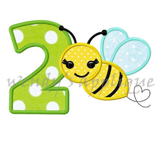 Bumble bee birthday number 2 machine embroidery applique | Etsy