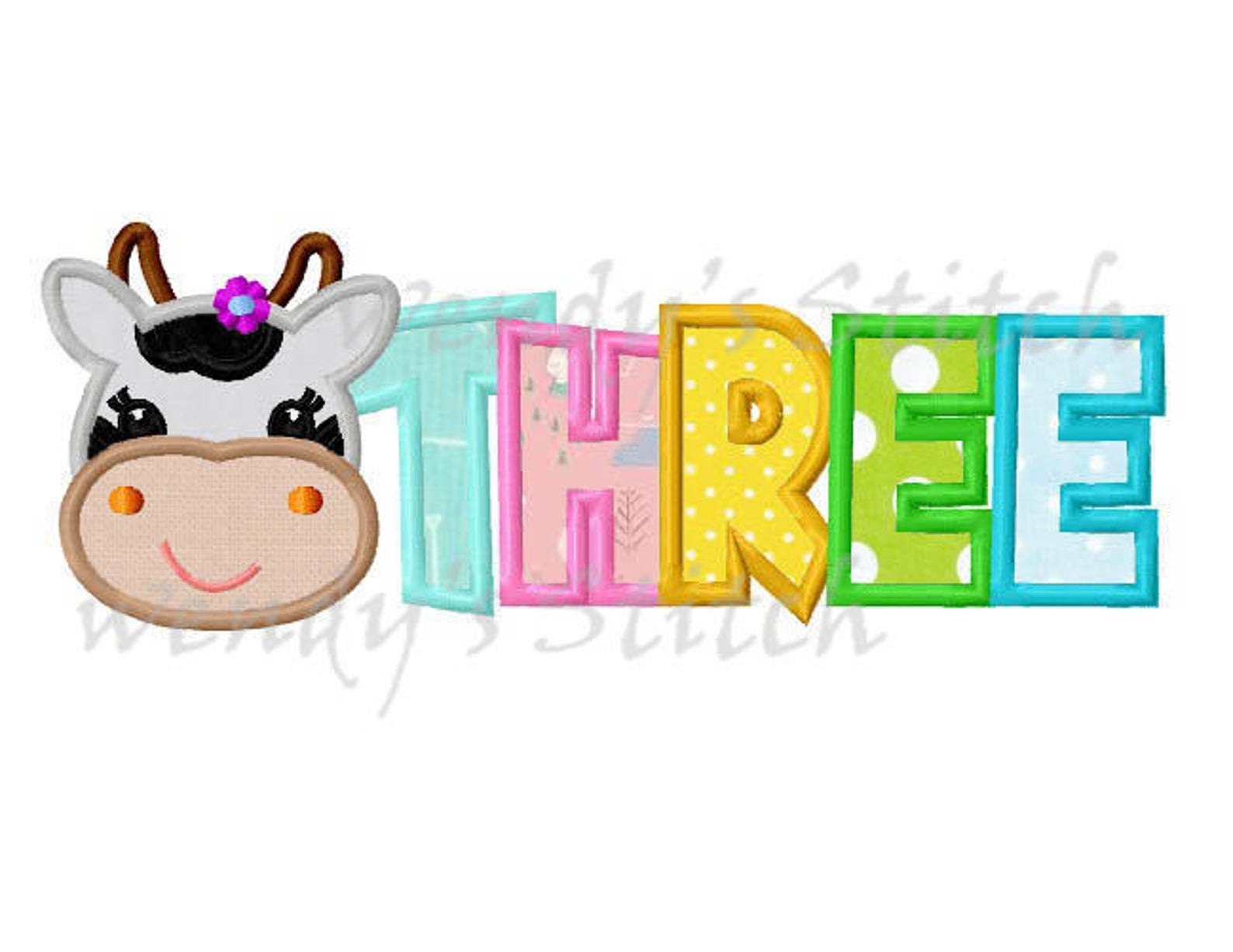 Girl Cow Applique Birthday Number Three 3 Machine Embroidery Design ...
