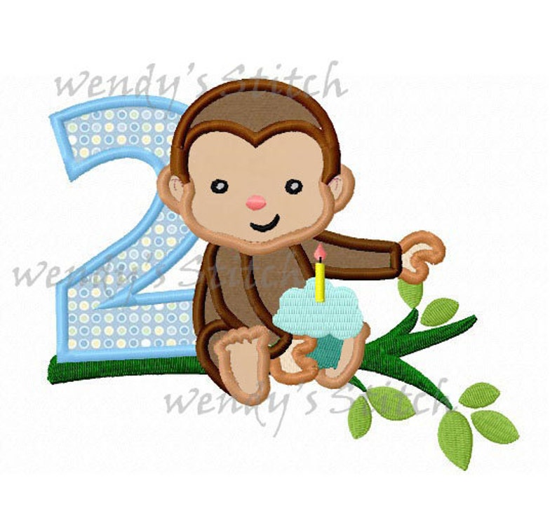 Monkey Birthday Cupcake Number 2 Machine Embroidery Applique Design ...