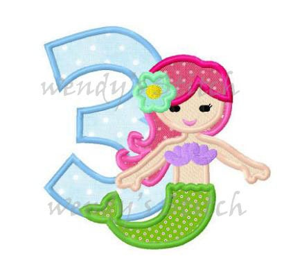 Mermaid Birthday Number 3 Machine Embroidery Design Applique Instant ...