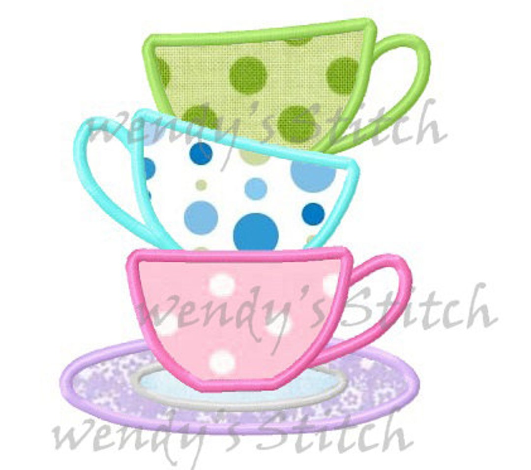 Three Teacups Tea Time Applique Machine Embroidery Design Isntant Download - Etsy