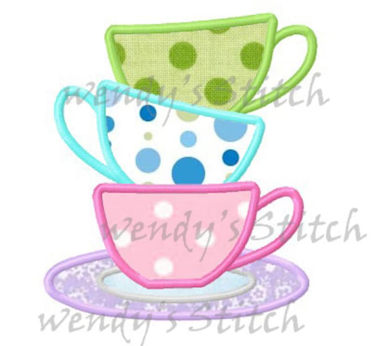 Three Teacups Tea Time Applique Machine Embroidery Design Isntant ...