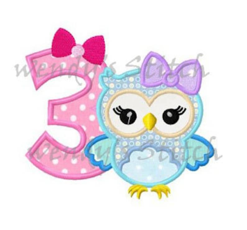 Girly Owl Number 3 Birthday Applique Machine Embroidery Design Instant ...