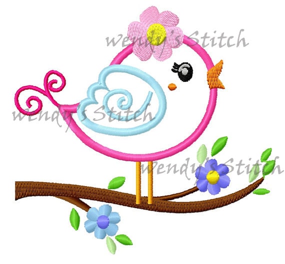 Flower Bird on a Tree Applique Machine Embroidery Design - Etsy