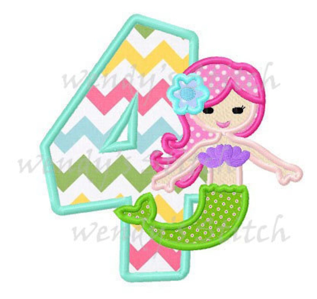 Mermaid Birthday Number 4 Applique Machine Embroidery Design - Etsy