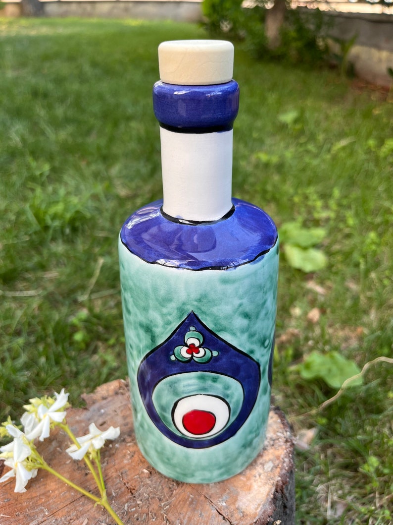 Evil Eye Bead Patterned, Olive Oil Bottle, Ceramic Bottle, İznik ...
