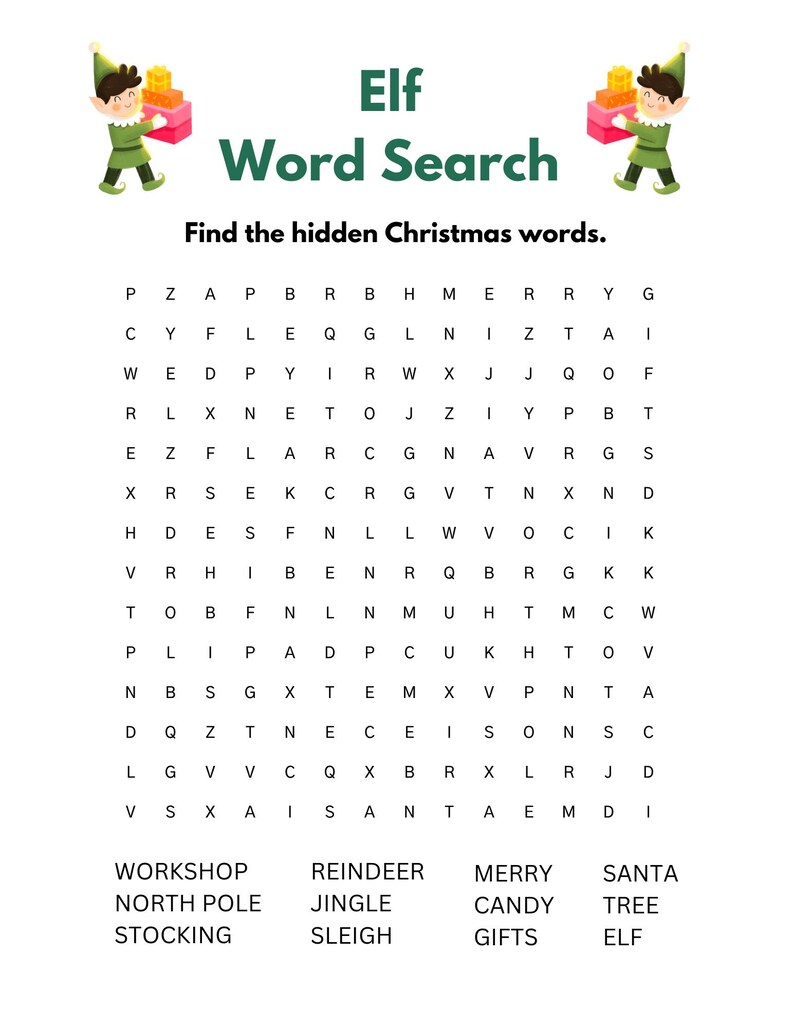 Elf Word Search Printable | Christmas Activity for Kids | Holiday ...
