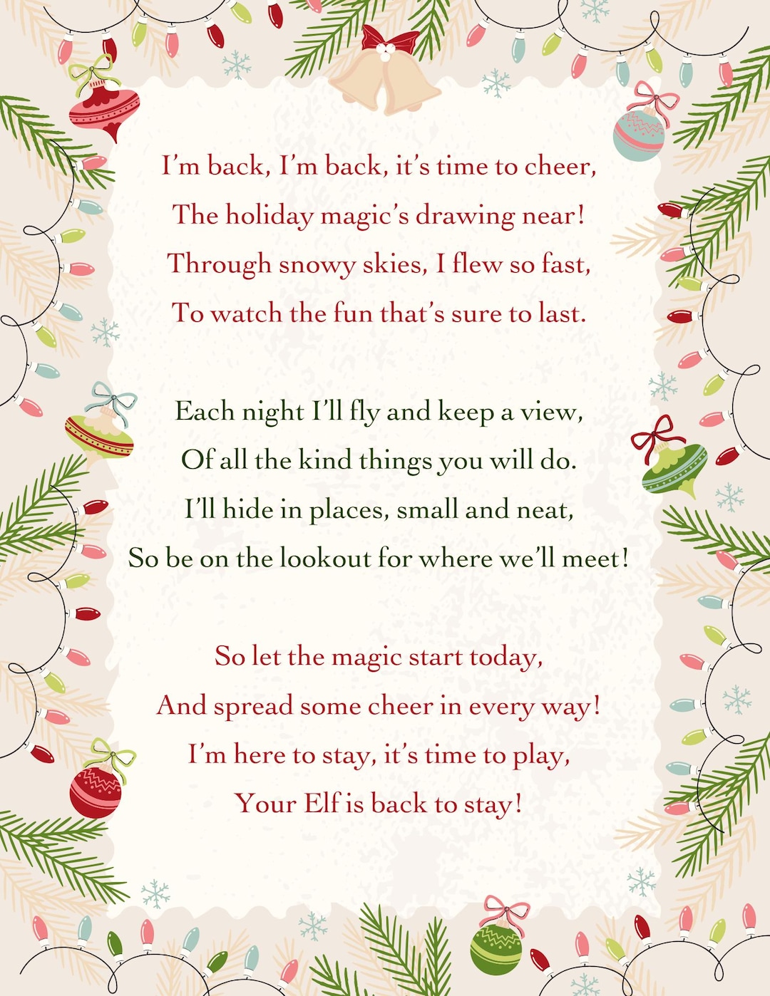 I’m Back Elf Poem Printable | Christmas Elf Arrival Printable | Holiday ...