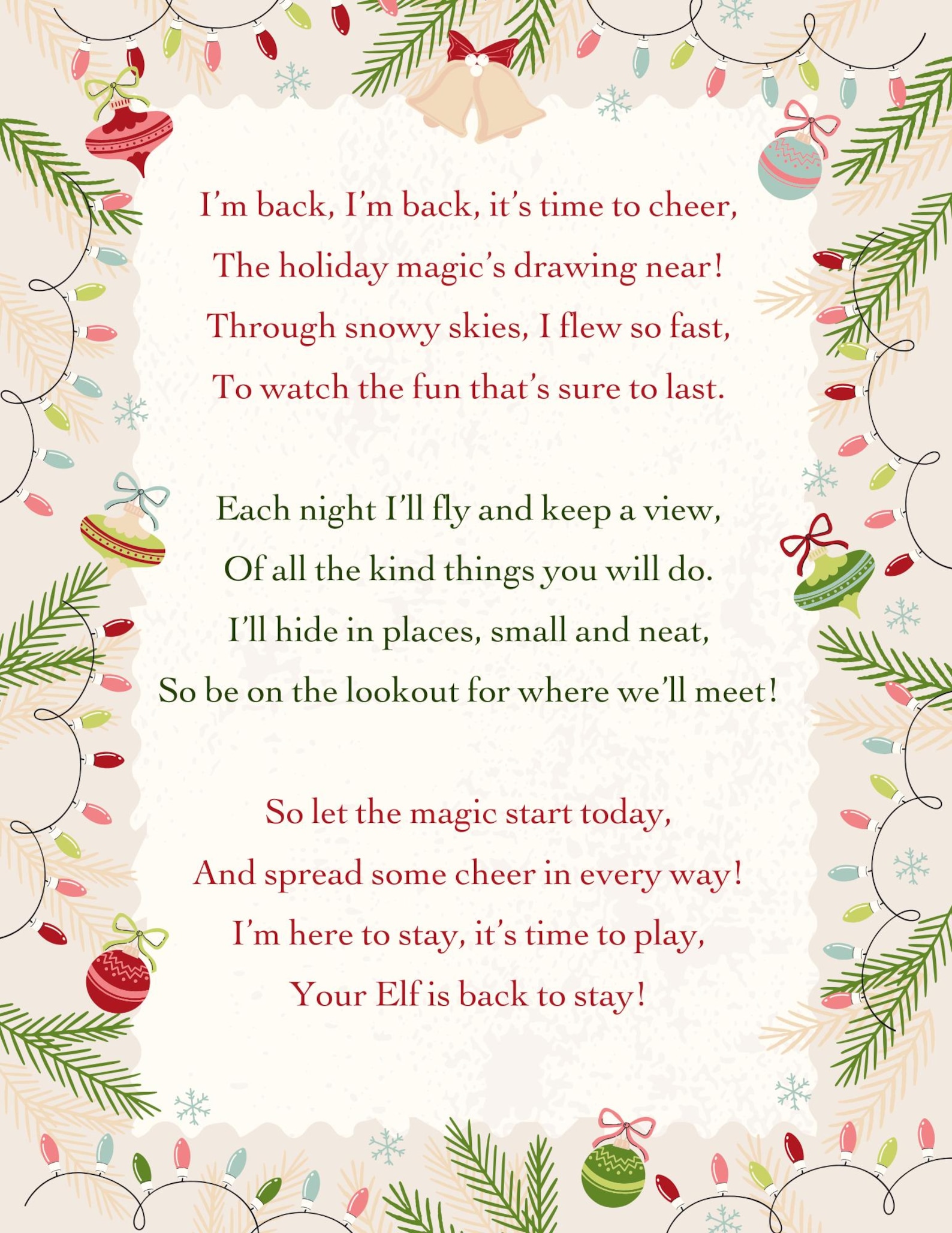 I’m Back Elf Poem Printable | Christmas Elf Arrival Printable | Holiday ...