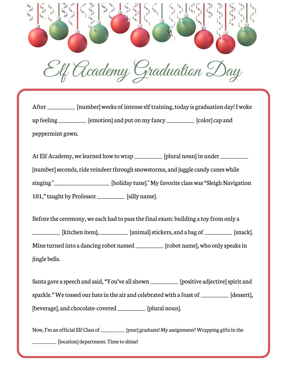 Elf Mad Libs Printable | Christmas Word Game | Fun Elf Activity for ...