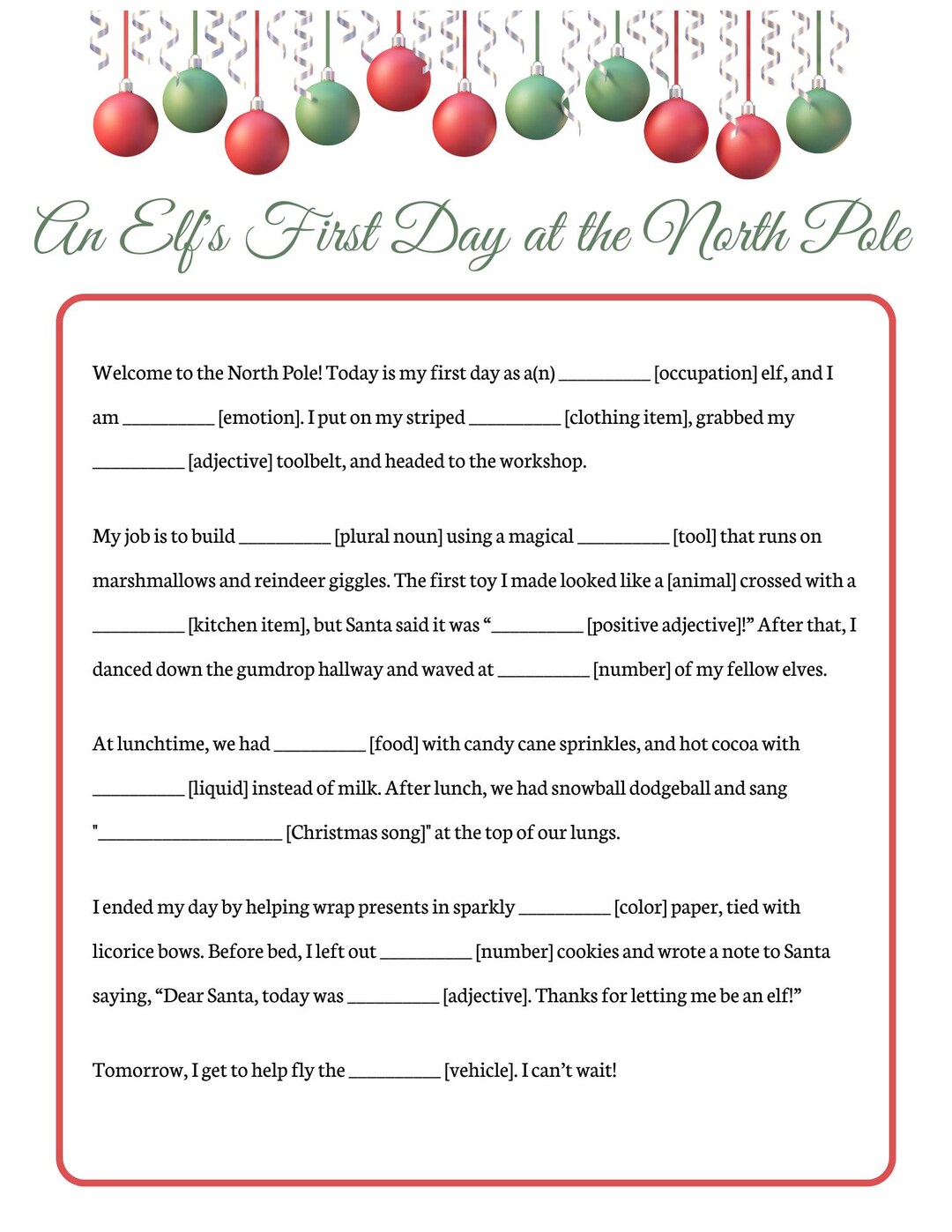 Elf Mad Libs Printable | Christmas Word Game | Fun Elf Activity for ...