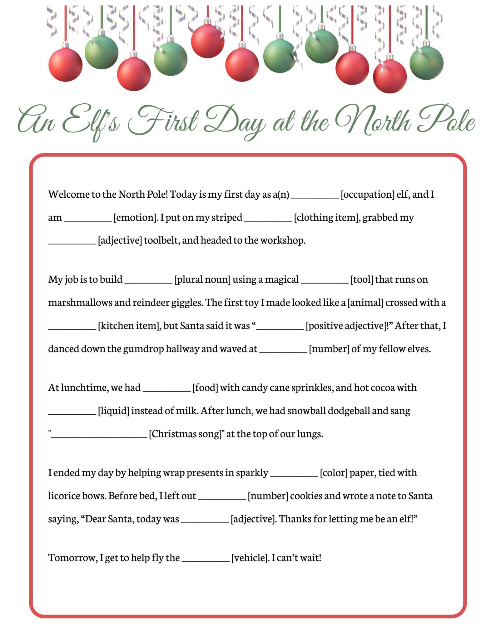 Elf Mad Libs Printable | Christmas Word Game | Fun Elf Activity for ...