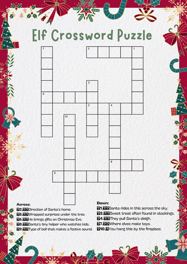 Elf Crossword Puzzle Printable | Christmas Activity for Kids | Holiday ...