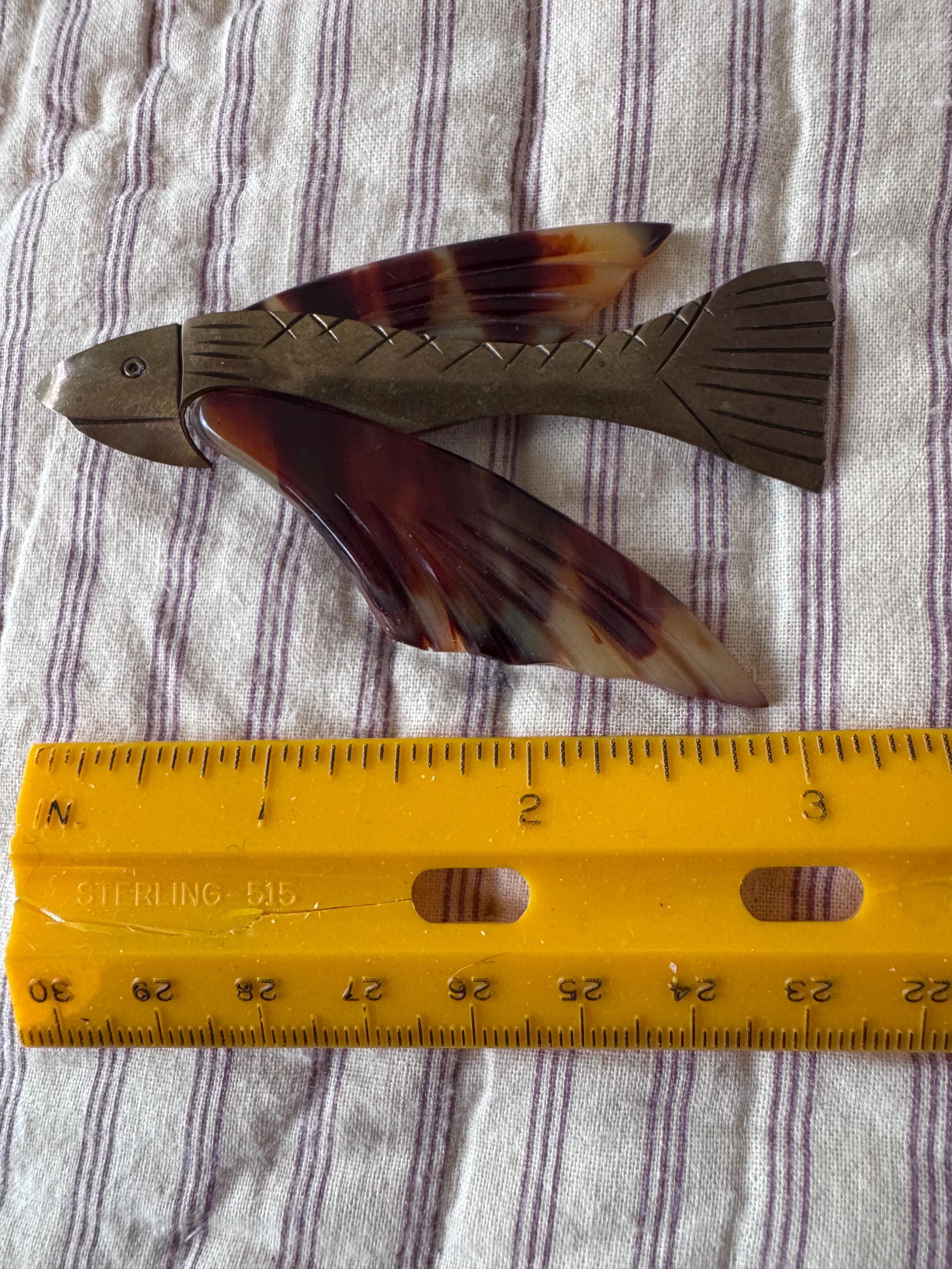 Flying Fish Shawl Pin, Midcentury Brass Tortoise Shell Plastic Jewelry ...
