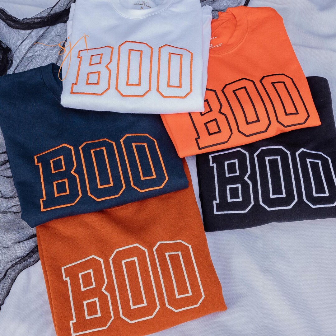 BOO Varsity Embroidered Crewneck Sweatshirt, Fleece Fall Block Letter ...