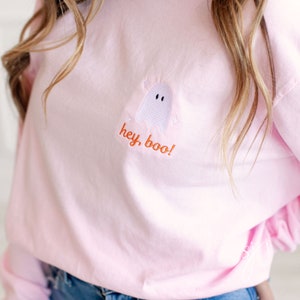 Hey Boo Ghost Comfort Colors Halloween Embroidered Crewneck Sweatshirt ...