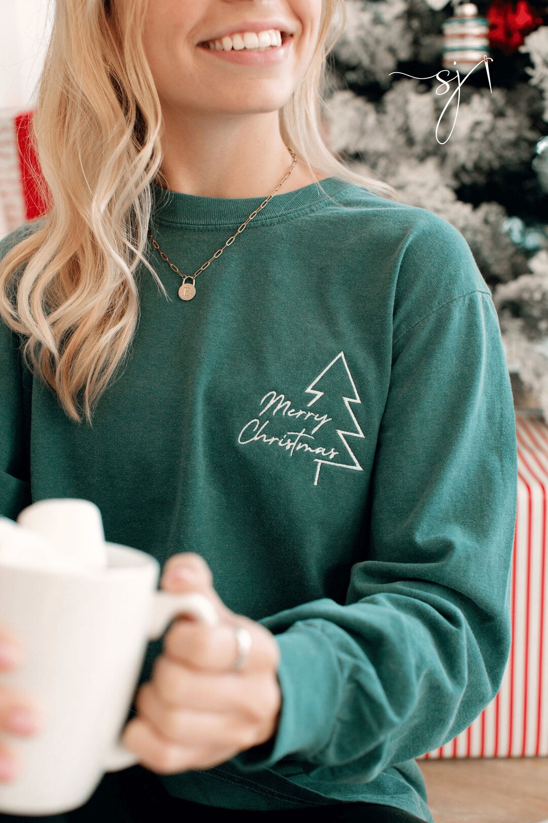 Merry Christmas Tree Embroidered Blue Spruce Comfort Colors Crewneck ...