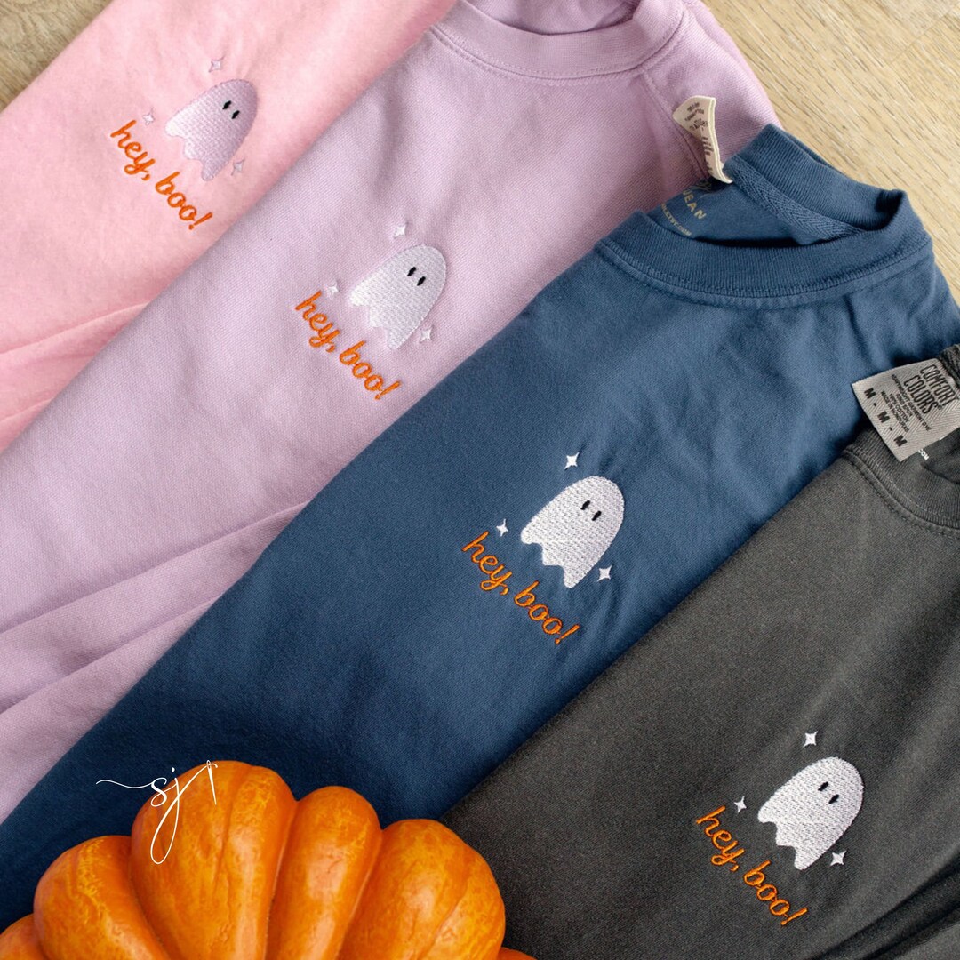 Hey Boo Ghost Comfort Colors Halloween Embroidered Crewneck Sweatshirt ...