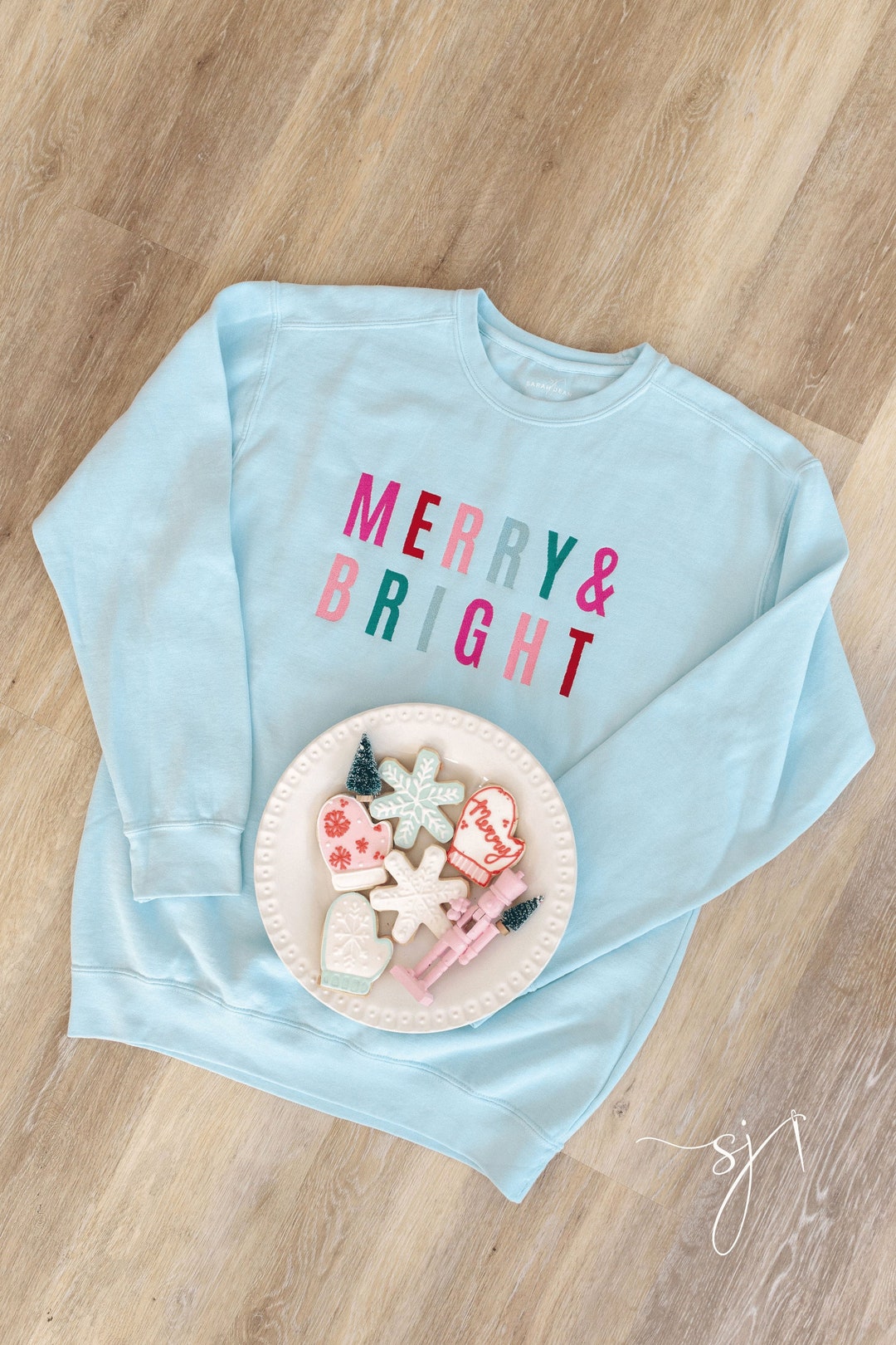 Merry and Bright Embroidered Comfort Colors Light Blue Crewneck ...