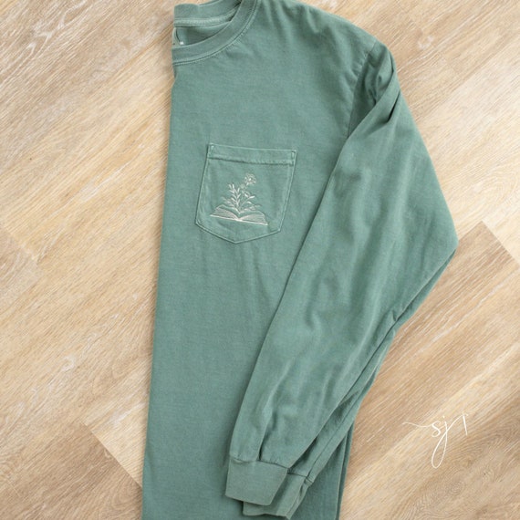 Floral Book Embroidered Pocket Tee Long Sleeve Crewneck - Etsy