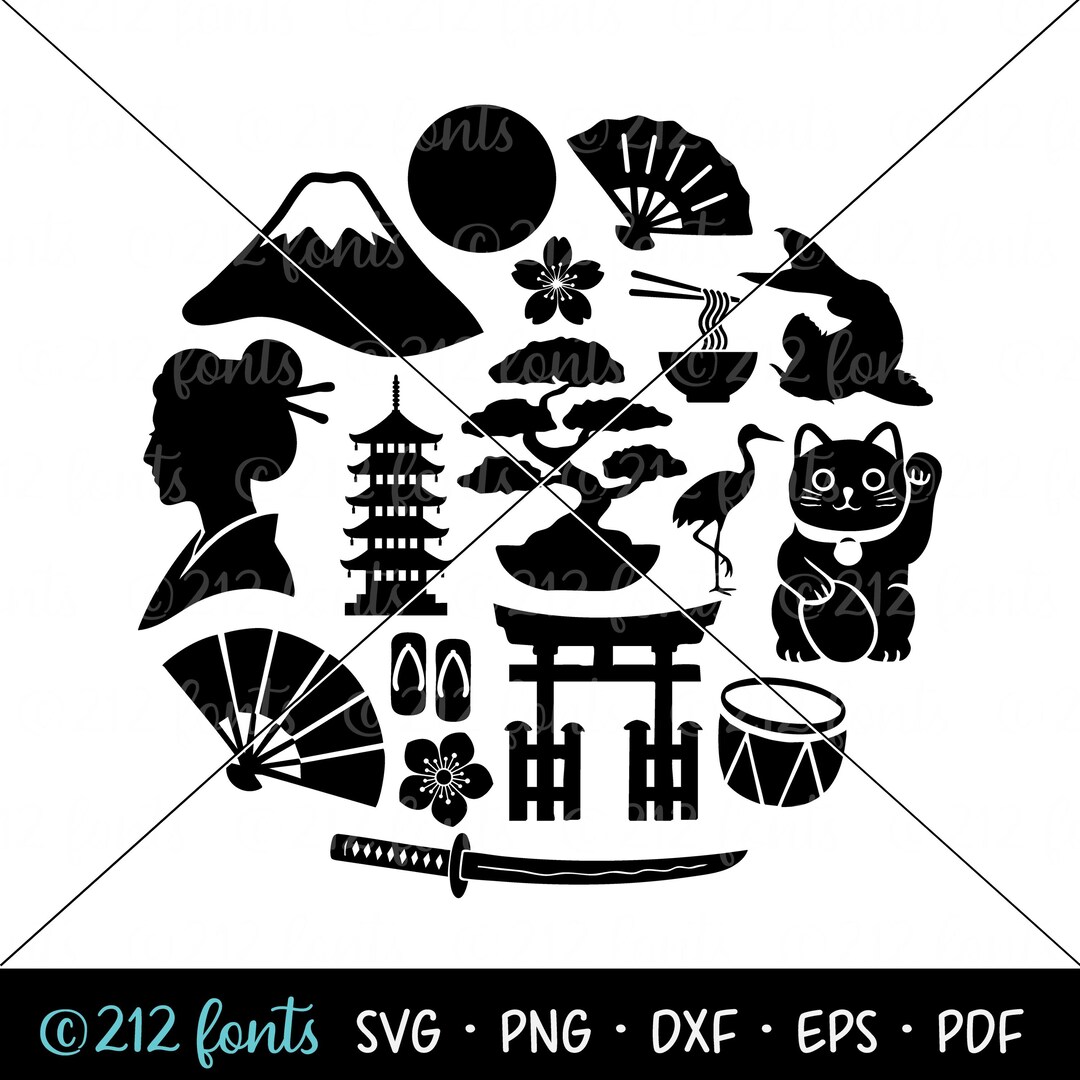 Japan Culture Icons Graphic, Mt Fuji, Geisha, Maneki-neko (digital ...