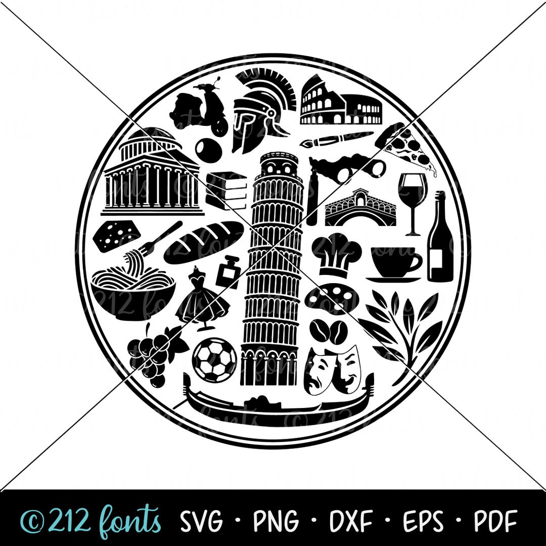 Italy Circle SVG: Italian Landmarks & Food Graphics (digital Download ...