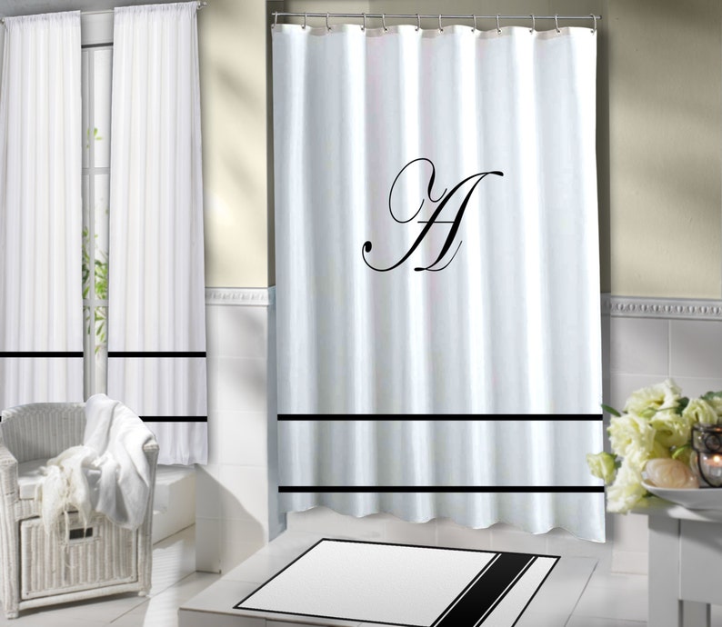 Shower Curtain Monogram Shower Curtain Fabric White Etsy