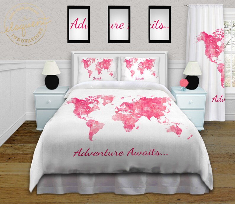 World Map Comforter Set Personalized with Name Girls | Etsy