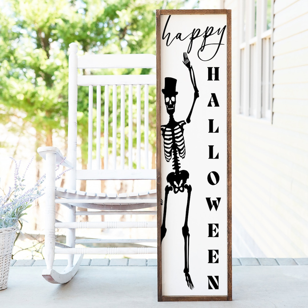 Happy Halloween Porch Leaner Waving Skeleton Sign Spooky - Etsy