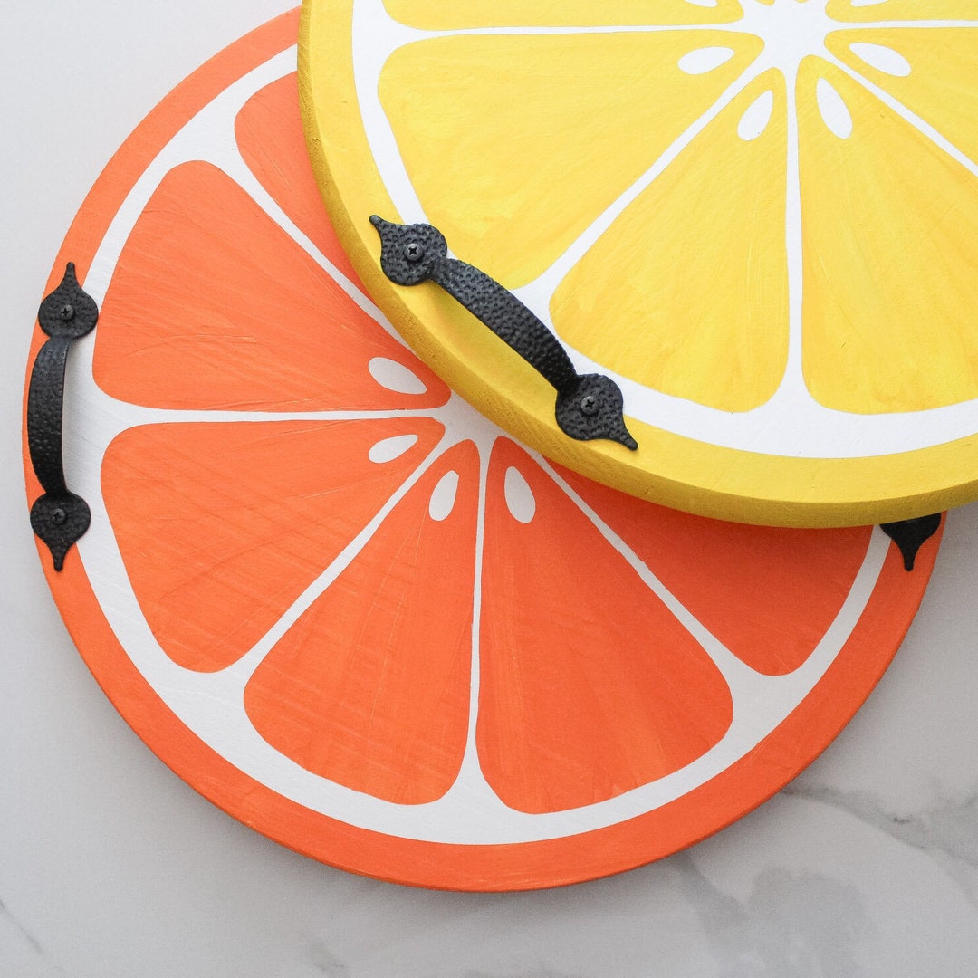 Round Tray With Handles, Lemon Slice Tray, Summer Decor, Serving Tray ...