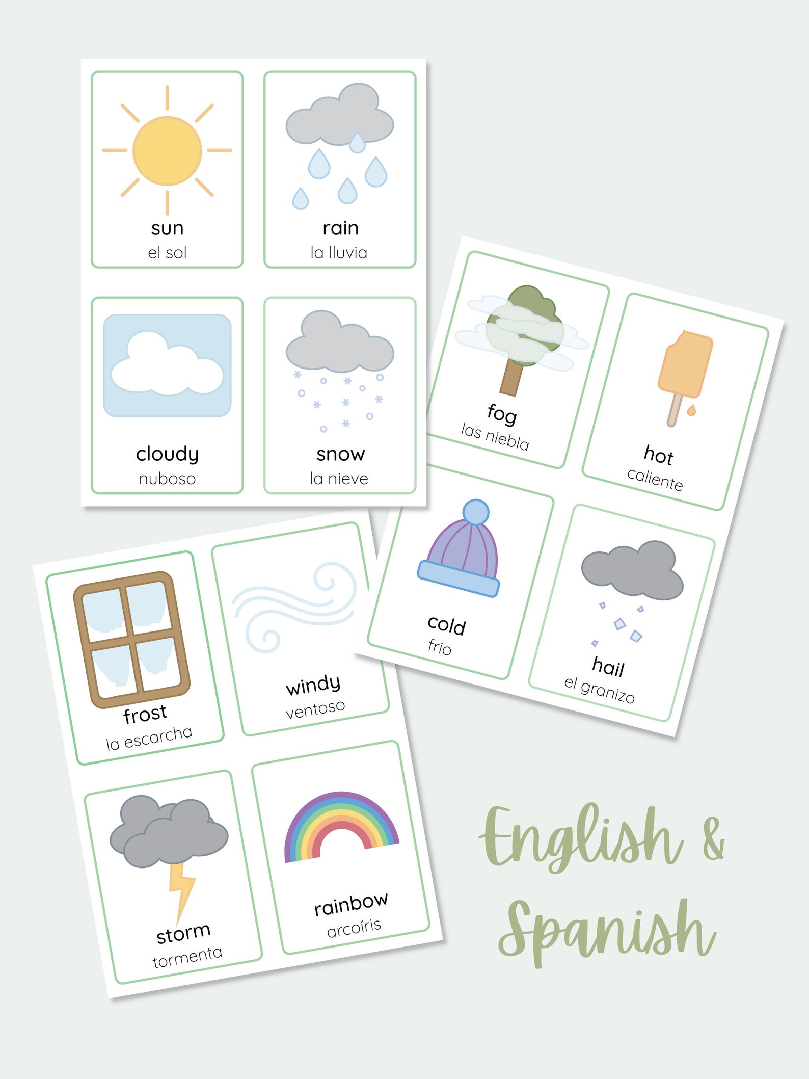 12 Printable Spanish + English Weather Cards | Preschool Flashcards ...