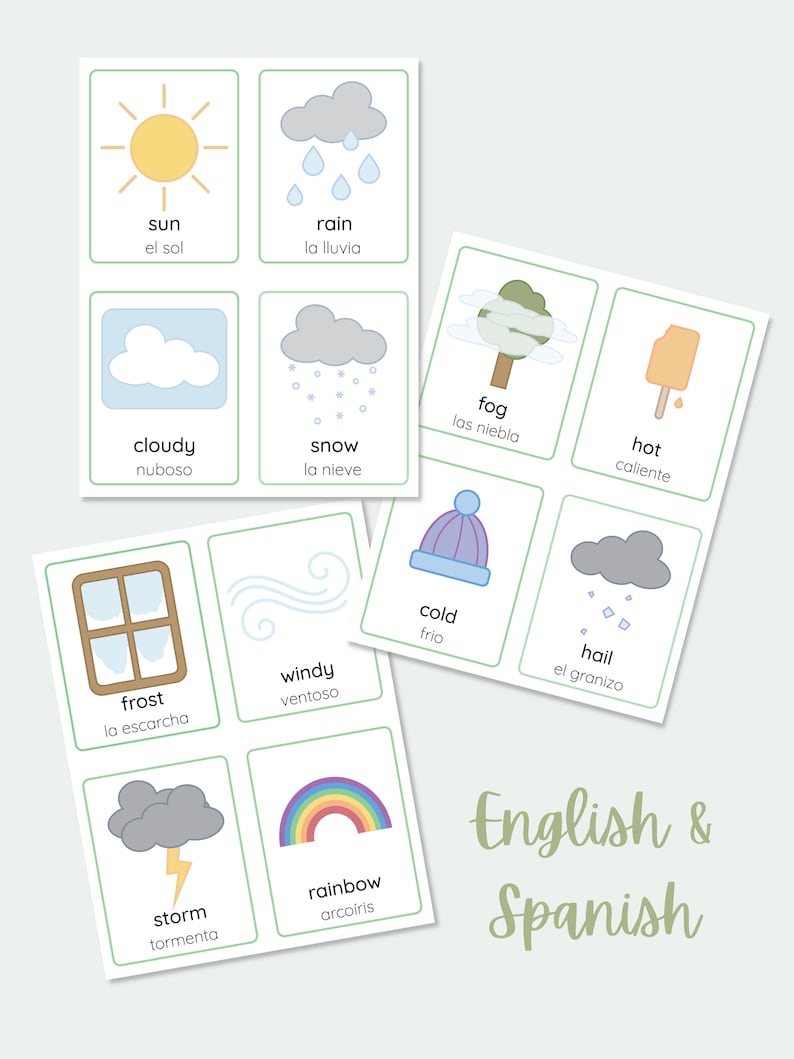 12 Printable Spanish + English Weather Cards | Preschool Flashcards ...