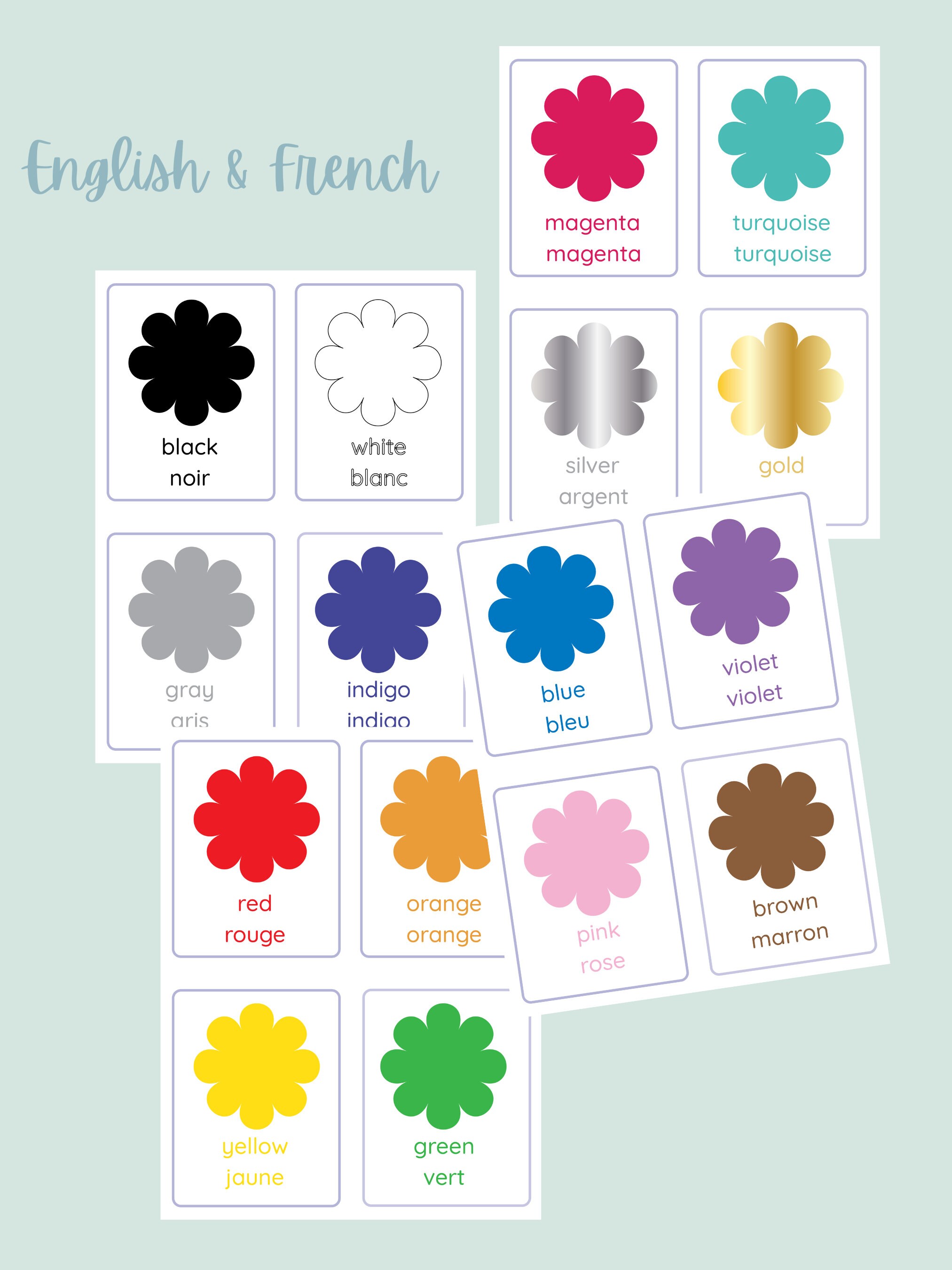 Color Flashcards Four Ways | Tracing Matching | Spanish French ...
