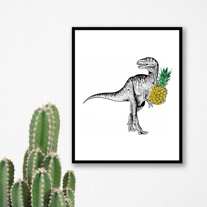Dinosaur with pineapple print picture illustration wall | Etsy