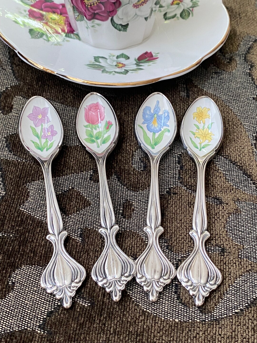 Vintage 1970s Silverplate and Flowers Painted on Enamel Spoon Set for ...