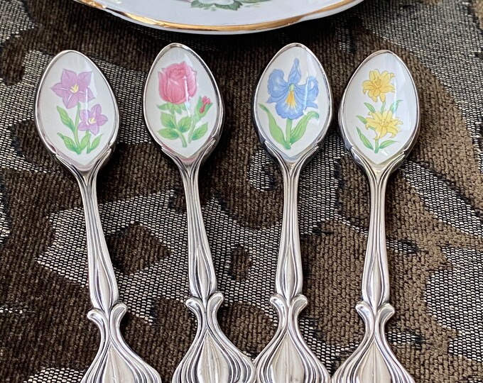 Vintage 1970’s Silverplate and Flowers Painted on Enamel Spoon Set for ...