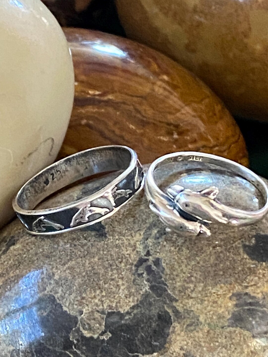 Two Vintage Dolphin Sterling Silver .925 Rings Size 7.5 & 9 Very Good ...