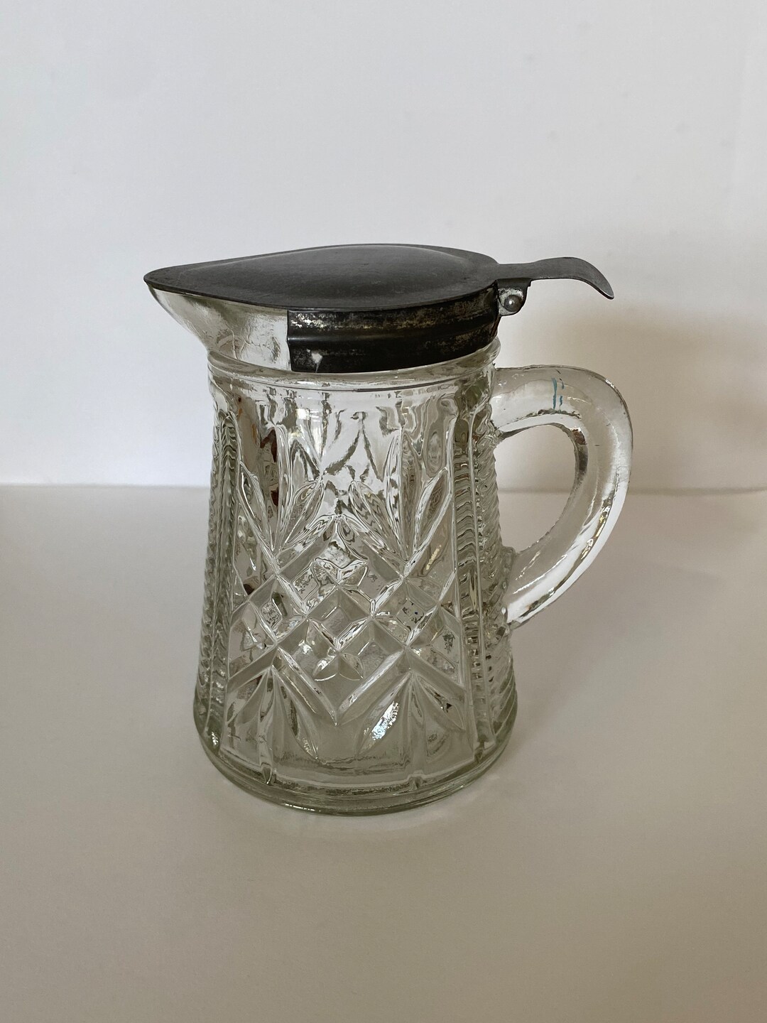 1930’s Vintage Syrup or Creamer Pitcher Pressed Glass With Metal Top - Etsy