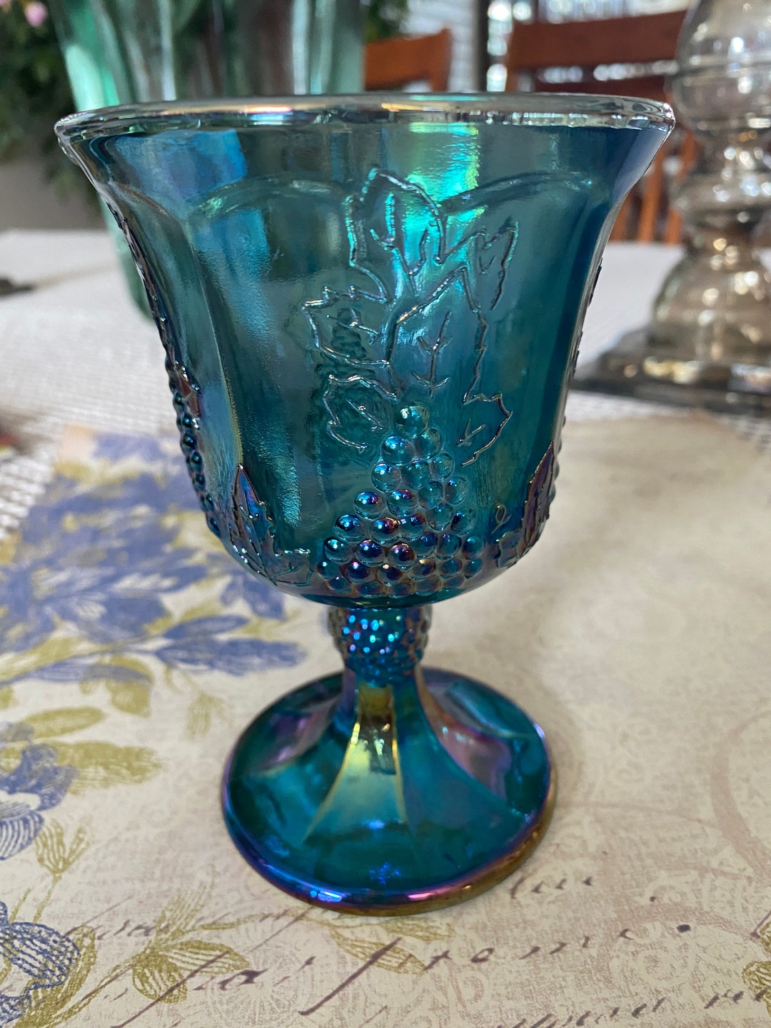 Vintage Indiana Glass Co. Blue Iridescent Carnival Glass Goblet Grape ...