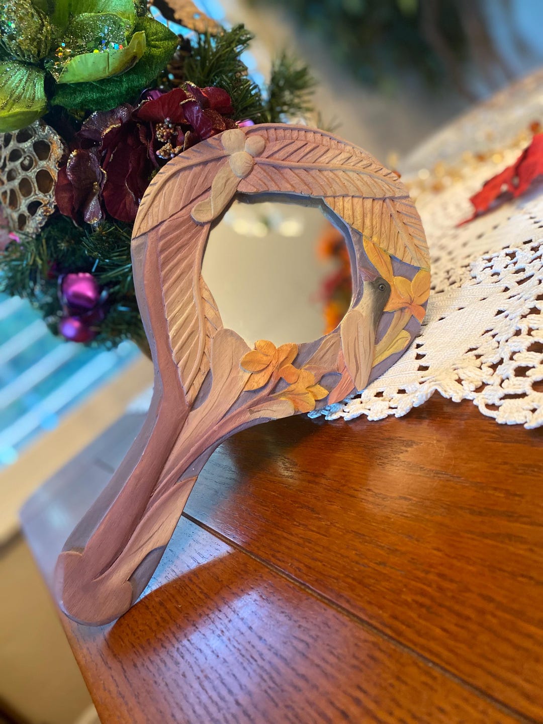 Vintage Hawaiian Polynesian Carved Wood and Painted Hand Mirror Large ...