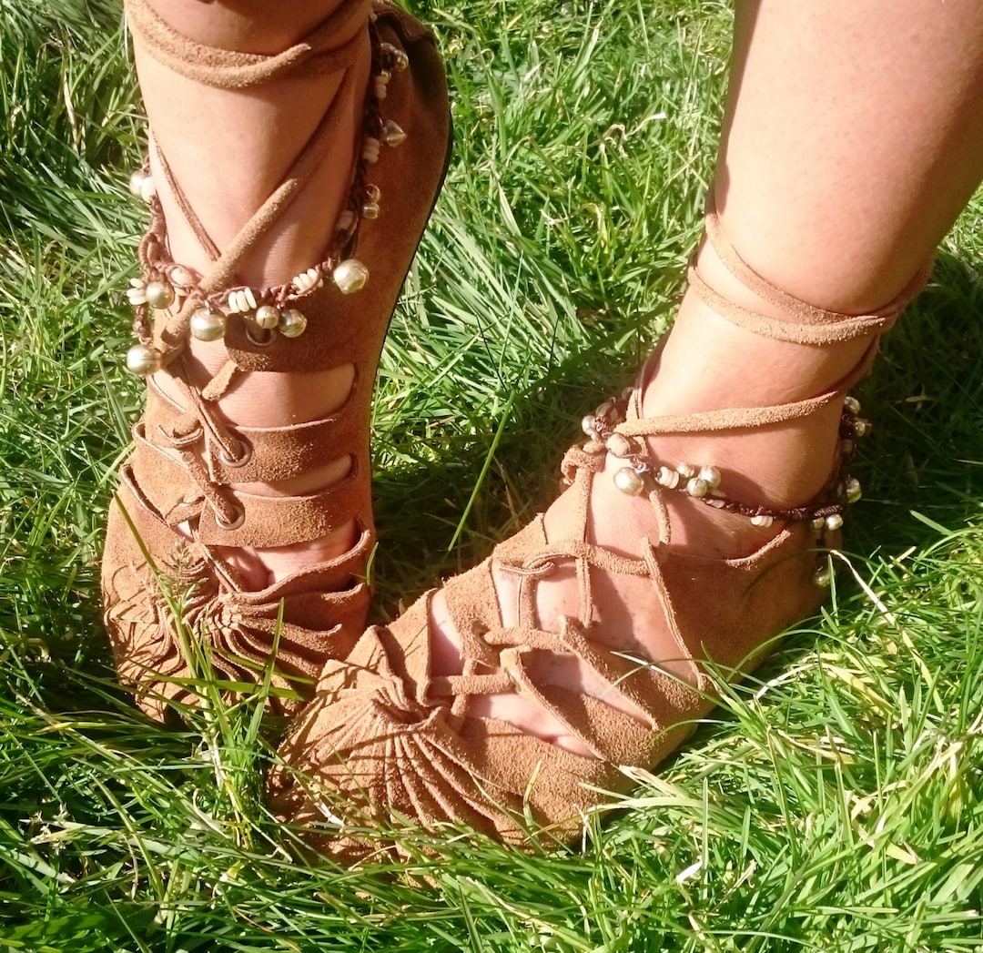 Camel Colour Suede Leather Pixie Sandals Handmade Boho Lace up Festival ...