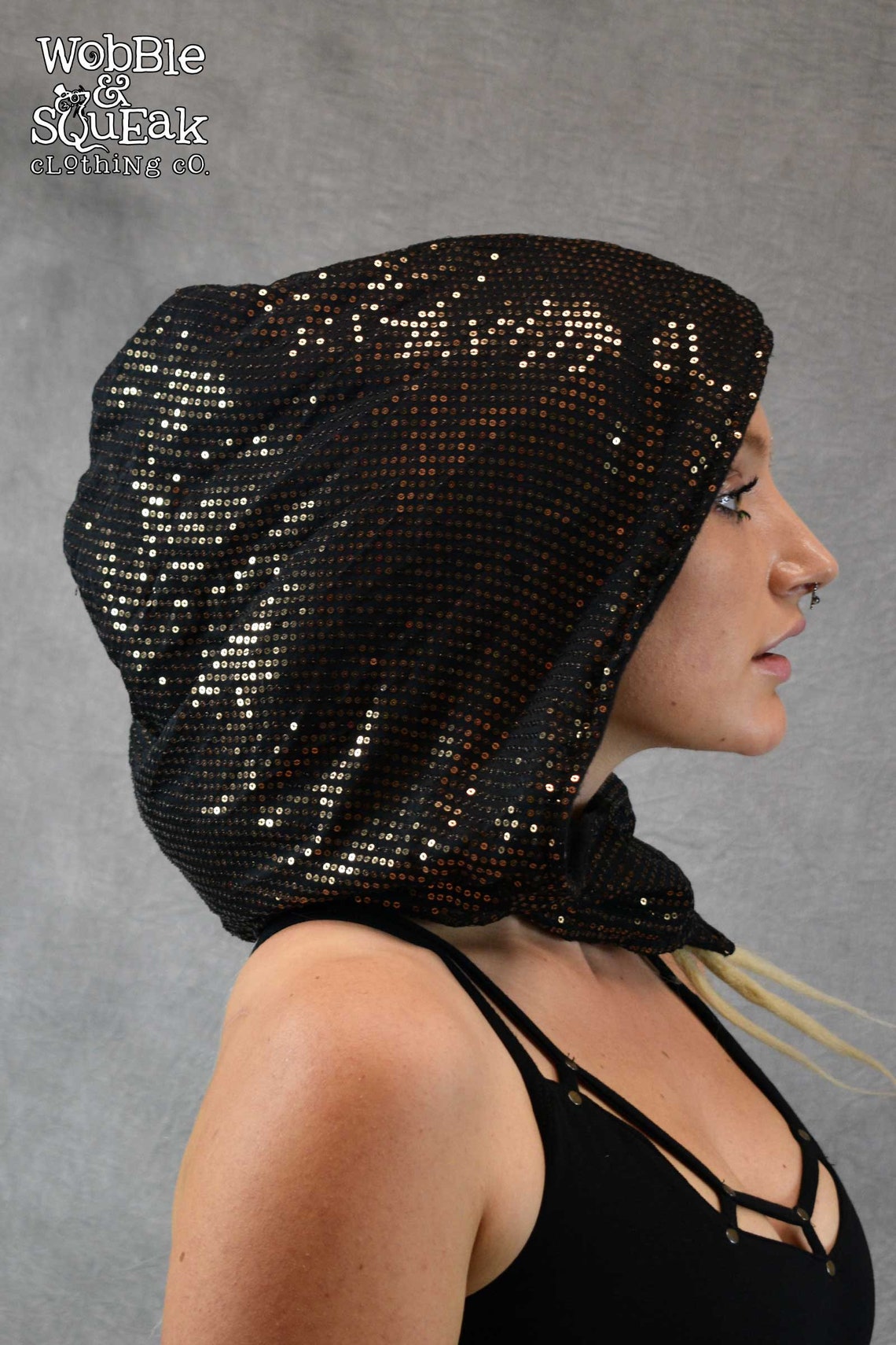 SEQUIN HOOD Sparkle Bonnet Snood Fleece Warm Hippy Psytrance Pixie Fair ...