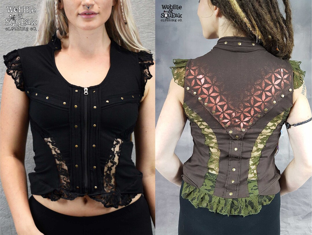 WOMENS Flower of Life WAISTCOAT LACE Frilly Studded Hippy Pixie ...