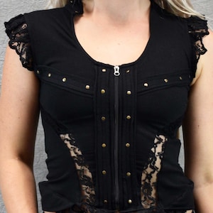 WOMENS Flower of Life WAISTCOAT LACE Frilly Studded Hippy Pixie ...