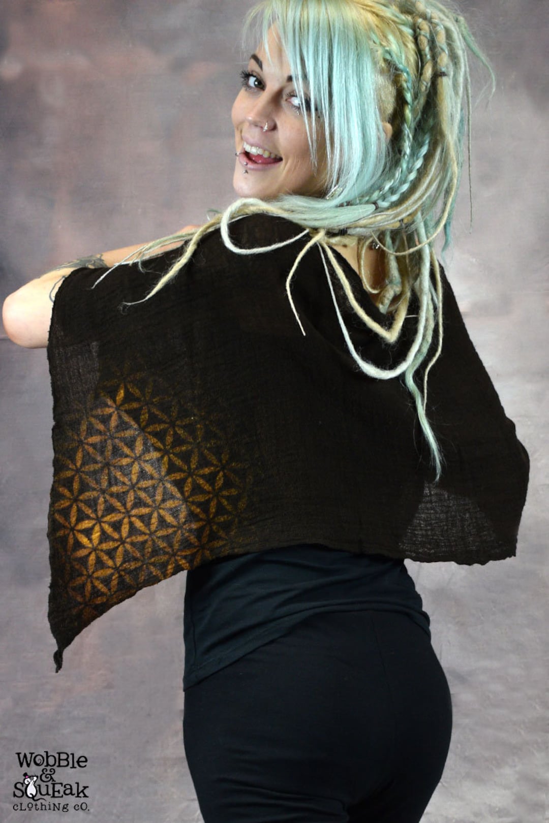 FLOWER OF LIFE Organic Cotton Poncho Shawl Top Sacred Geometry Pixie ...