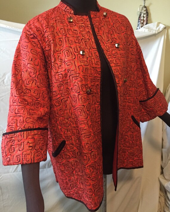 Vintage 1950's Quilted Bed Jacket Coral Black Gold Bu… - Gem