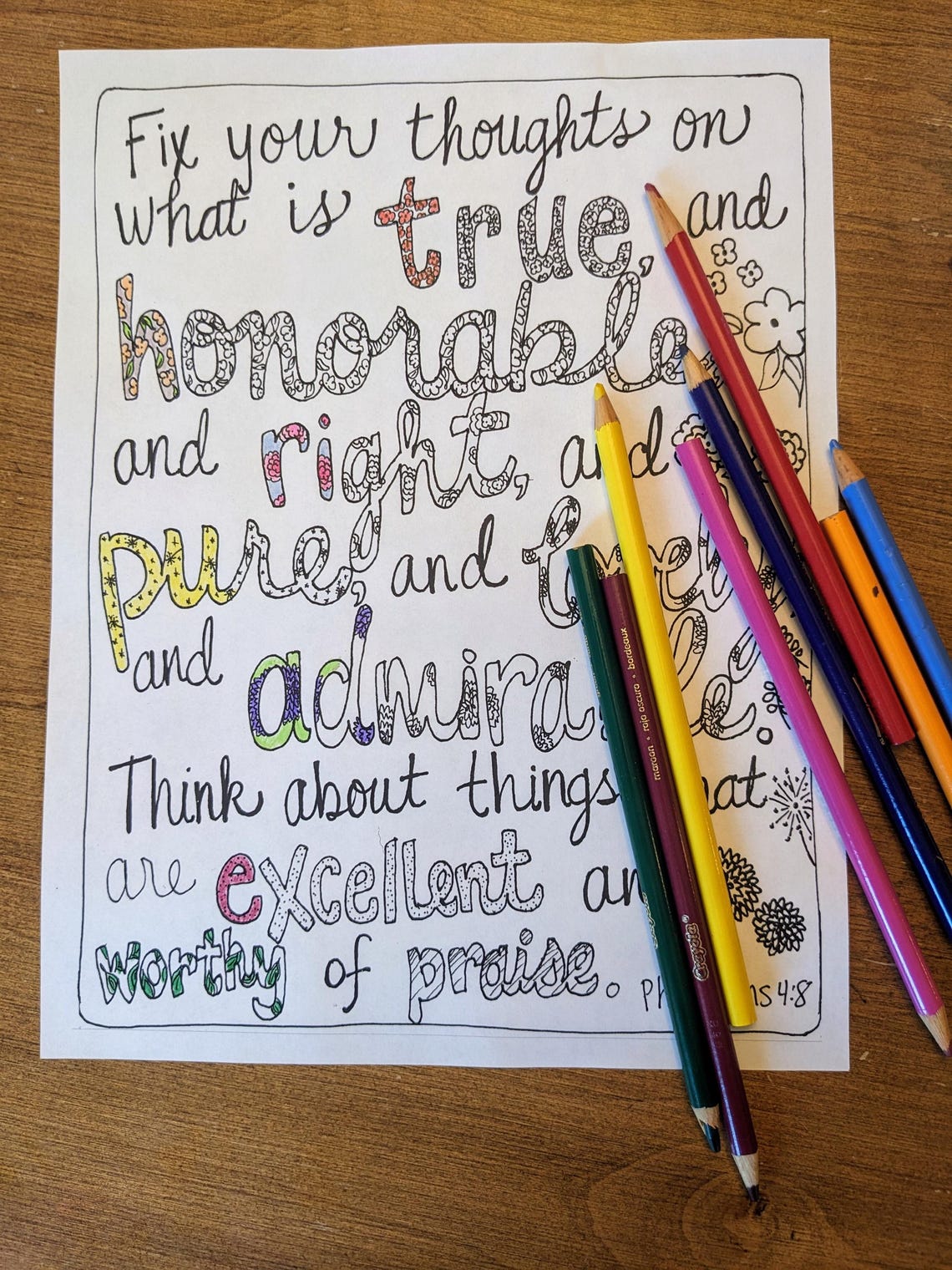 Bible Verse Coloring Page: Philippians 4.8 Digital Instant Download - Etsy